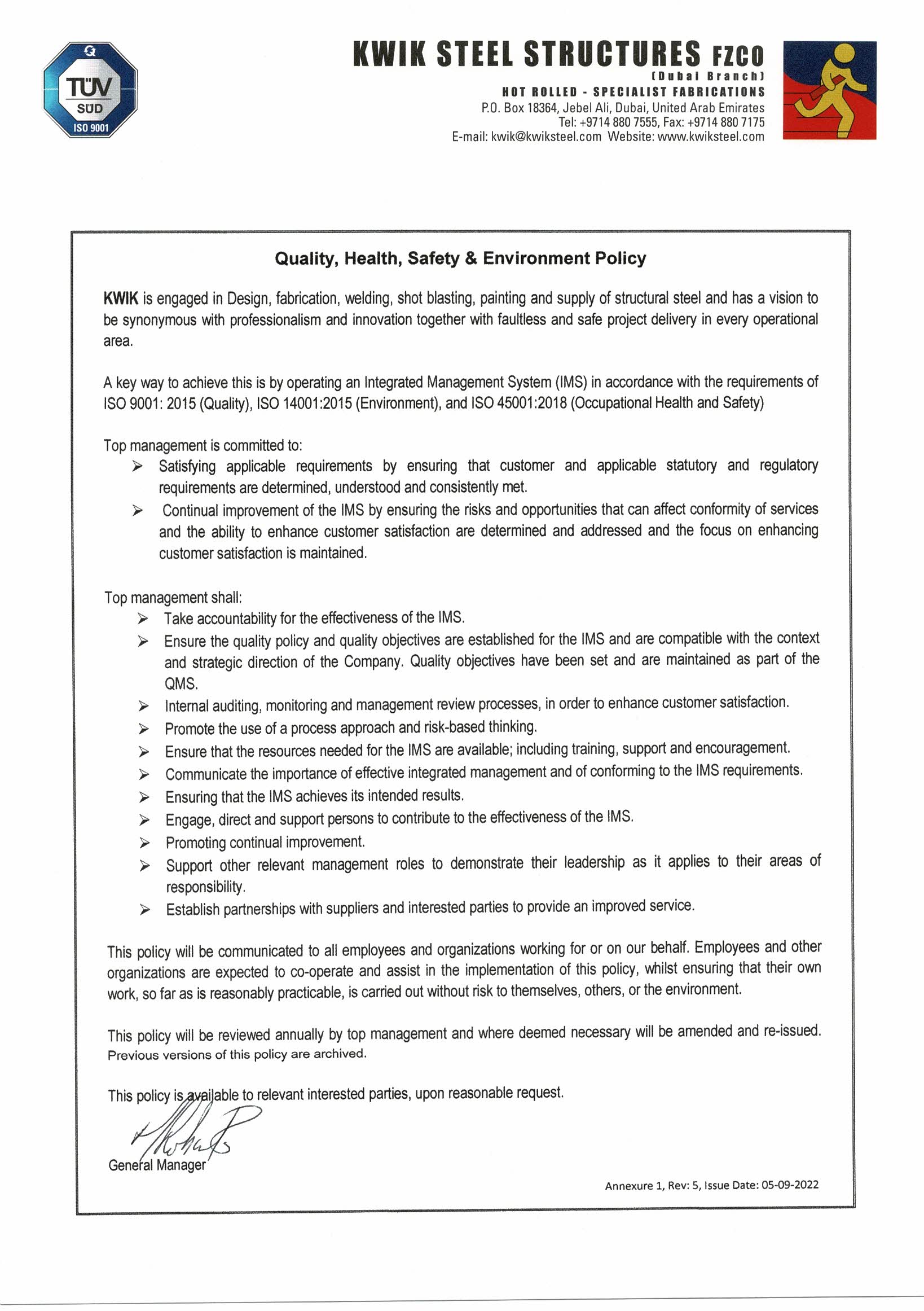 Kwik Steel Structures | QHSE Policy